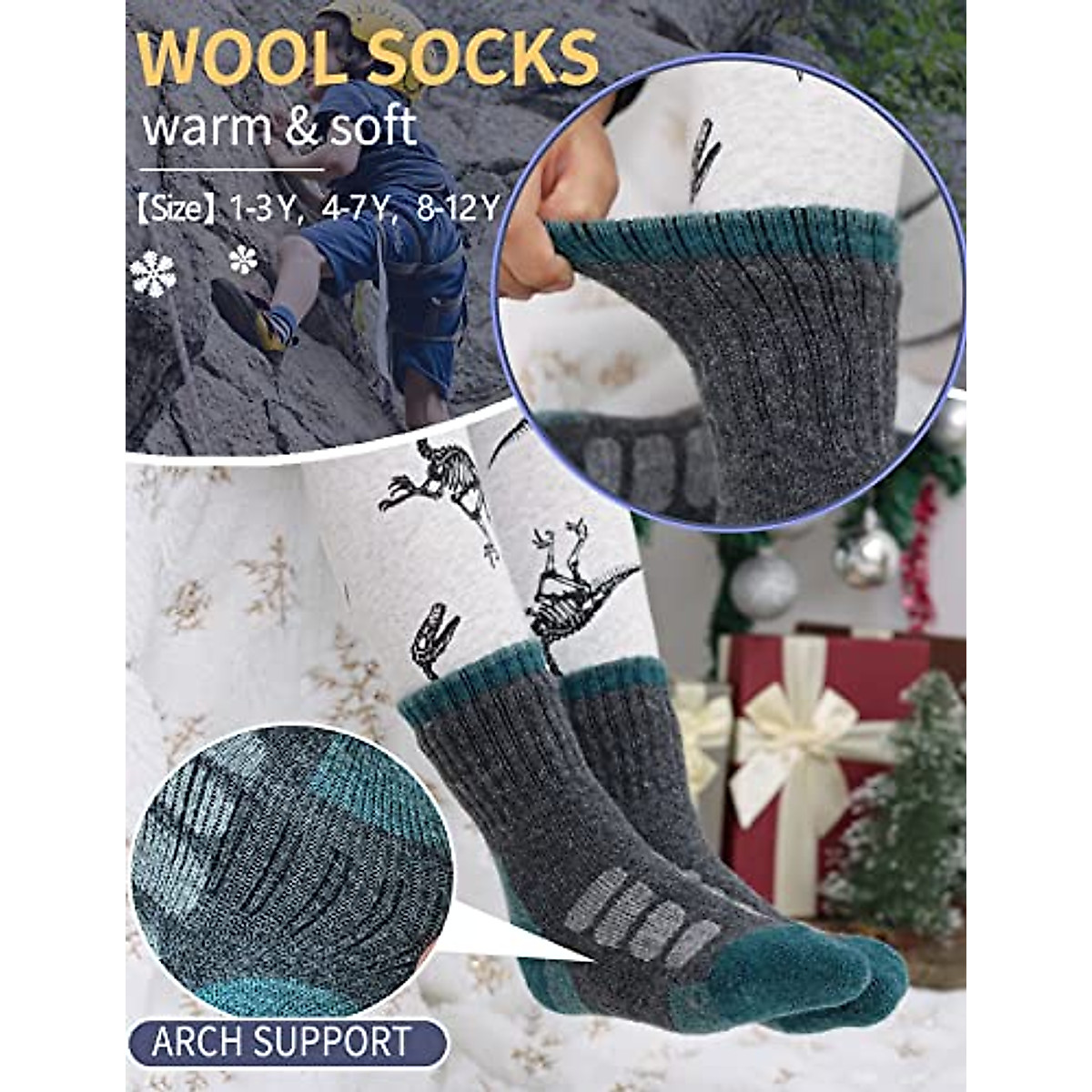 Anlisim Kids Merino Wool Hiking Socks Boys Girls Toddlers Thermal Winter Warm Boot Thick Cushion Snow Ski Gift Stocking Stuffer Socks 6 Pairs (Check, 12-15 Y)