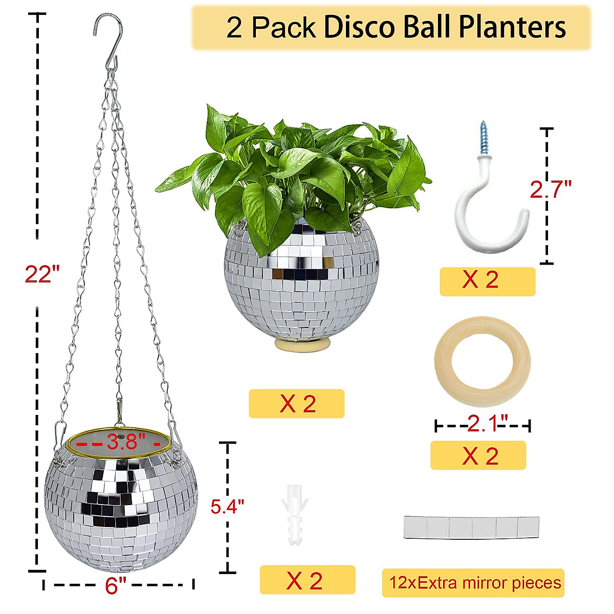 Tialero 2Pcs Disco Ball Planter, 6"/8" Disco Planter with Hanging Chain & Hook & Ring Stand, Disco Ball Plant Hangers for Indoor and Outdoor Plants, Hanging Plant Holder (2Pcs 6", Silver)