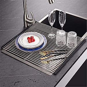 EMBATHER Roll Up Dish Drying Rack Over The Sink, Dish Drying Rack for Kitchen Counter, Multipurpose Stainless Steel Foldable Kitchen Drainer Rack with Silicone Mat, Anti-Slip,(Black, 20.8"x18.1")