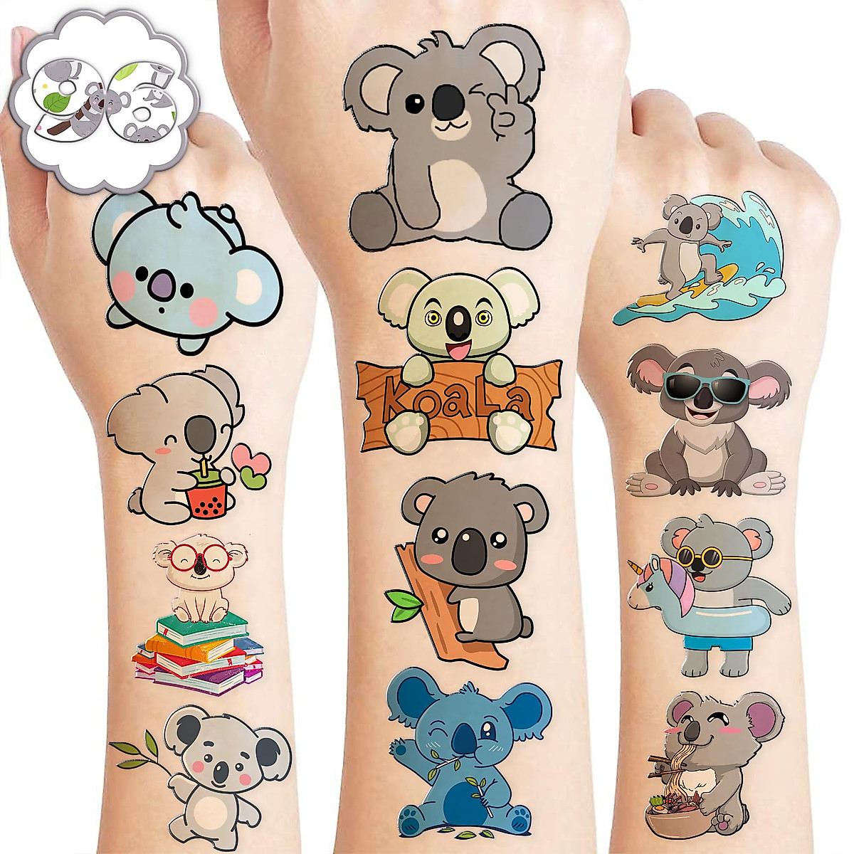 Koala Temporary Tattoos Birthday Party Supplies Decorations 96PCS Cute Tattoos Stickers Party Favors Kids Gifts Girls Boys Classroom School Prizes Themed