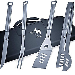 Kona BBQ Grill Tools Set with Case - 18 inches Long to Keep Hands Away from Heat, Premium Stainless Steel Grilling Utensils with Bottle Opener Handles - Makes A Great Gift