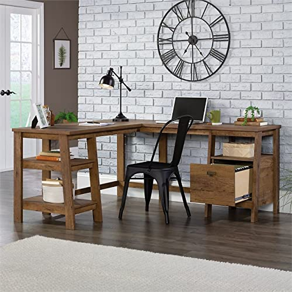 Sauder Trestle L-Shaped Trestle Desk in Vintage Oak, Vintage Oak Finish