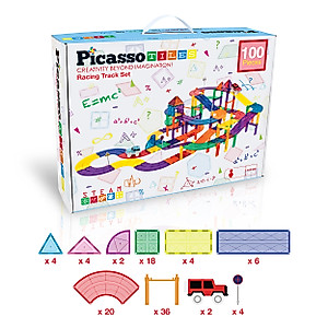 PicassoTiles 100 PCs Race Car Track Set Magnetic Toy Building Block with 2 LED Cars with Height Adjustable Roads Signs Education STEM Building Kit Learning Construction Fun for Boys & Girls Ages 3+