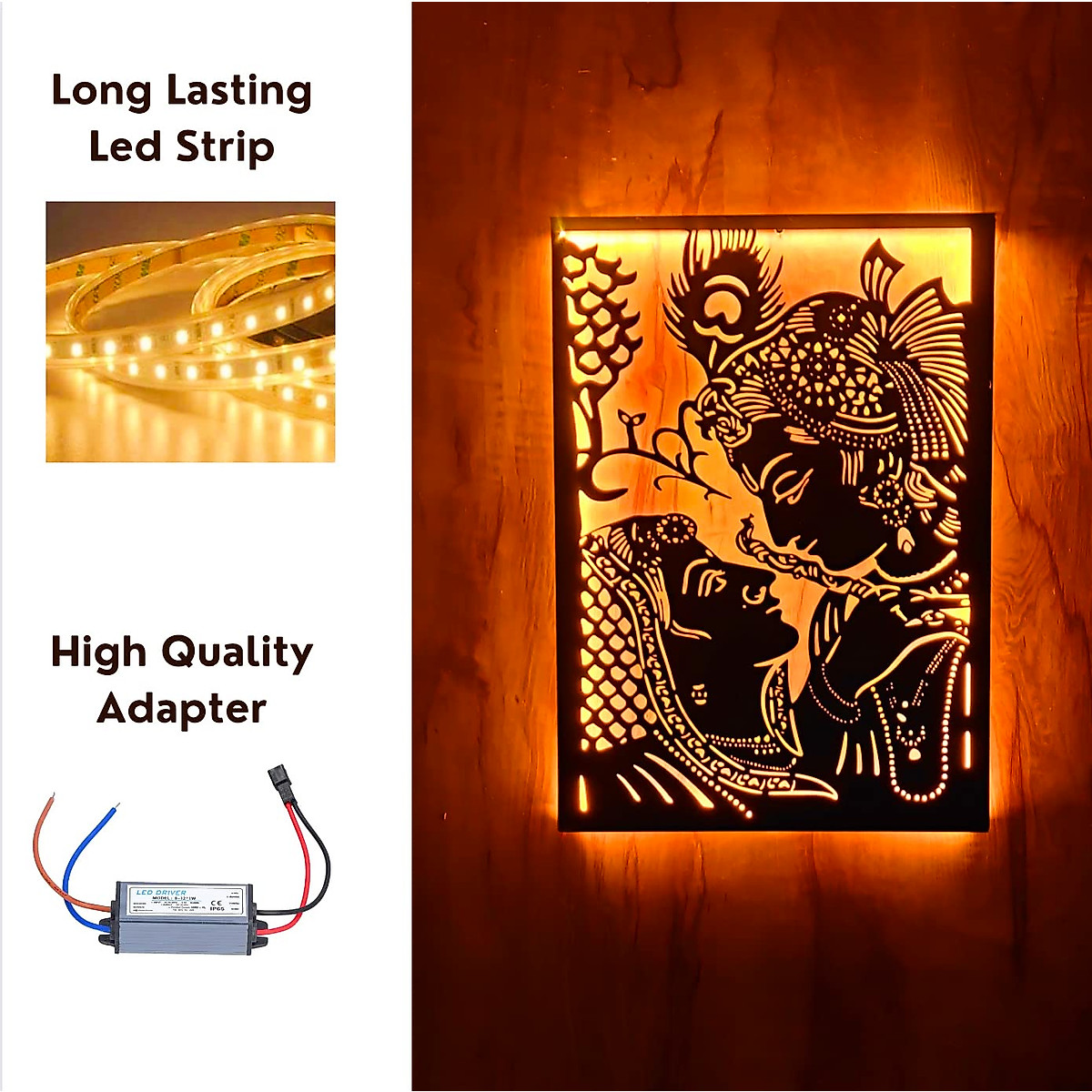 EU Radha Krishna Metal Wall Art Hanging With Backlight Led For Pooja Room Home Deco Lights For Mandir Krishna Swing Jhula Antique Metal Flute Wall Decor For Living Room Big Size
