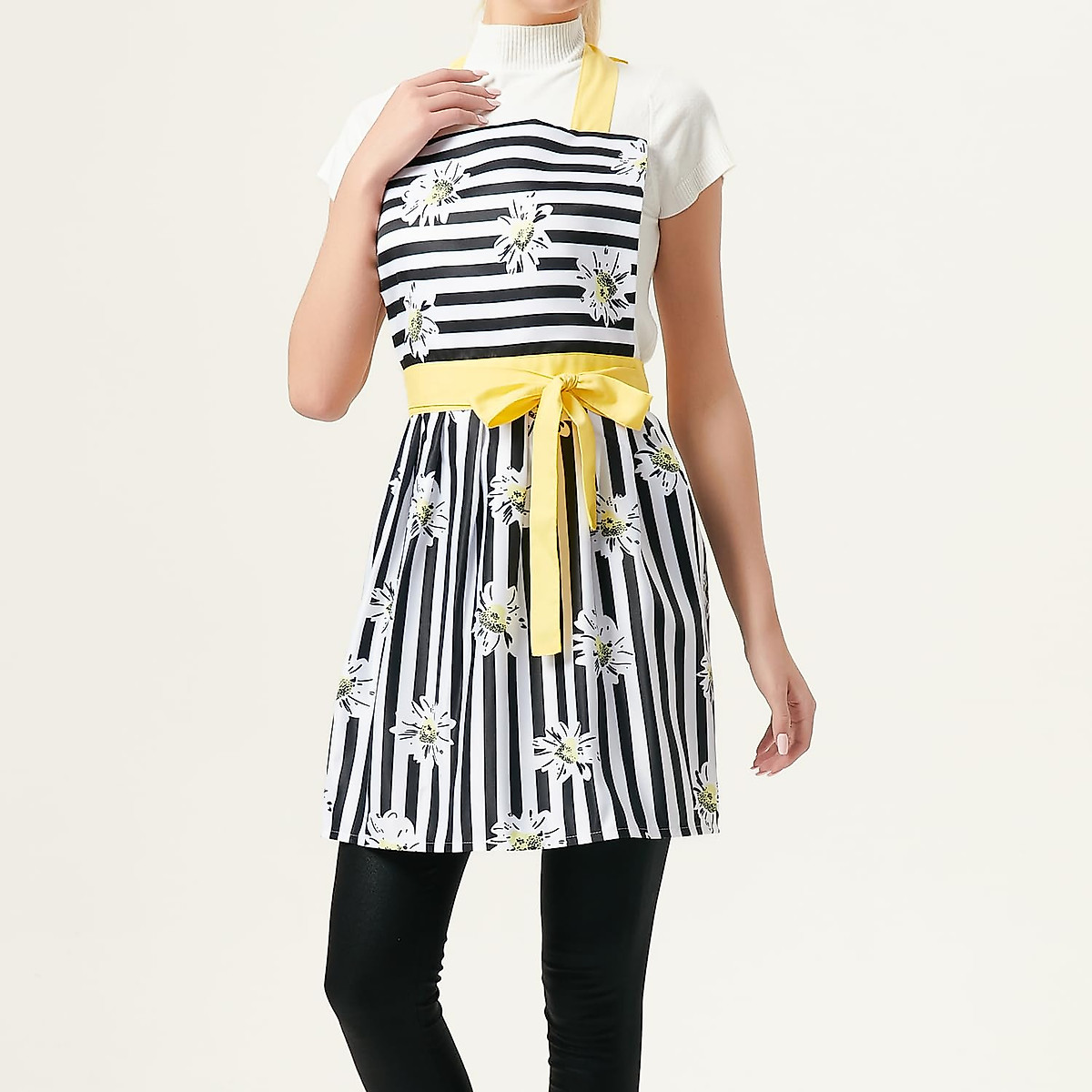 Lovely Comfortable Claccic Black Stripe and Fashion Daisy Skirt Kitchen Women Apron for Ladies Girls Wife Daughter (Yellow)