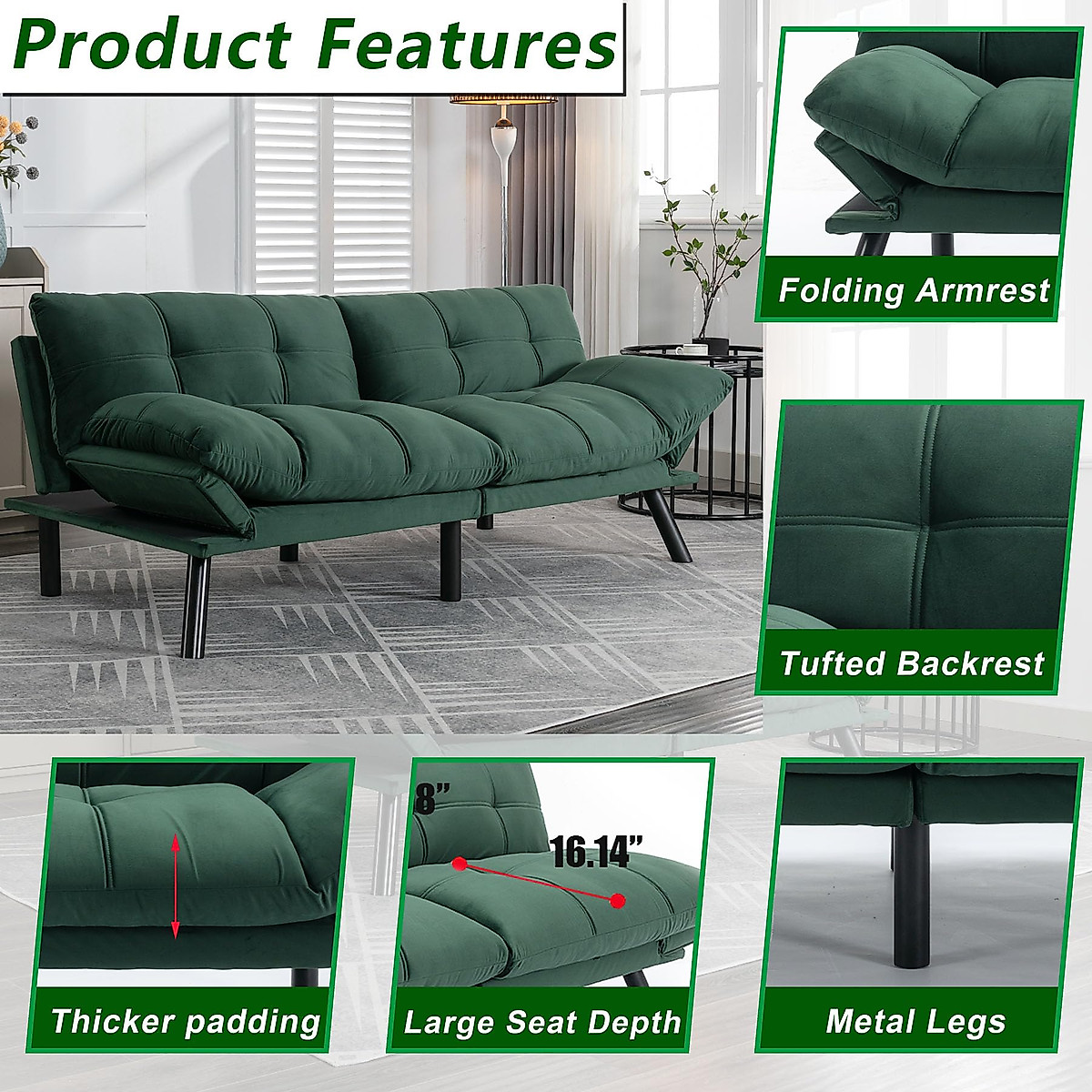 70“ Modern Velvet Futon Couch Sleeper,Convertible Sleeper Sofa Bed with Adjustable Backrests and Folding Armrest for Living Room Bedroom Office Apartment,Split Back,Mattress Included (Green)