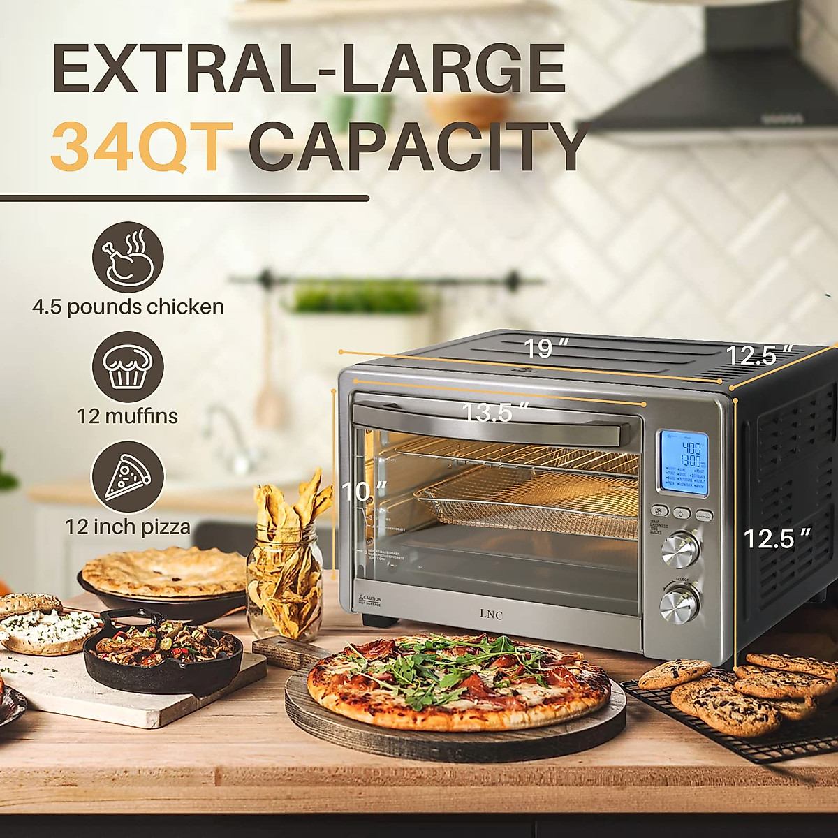 Toaster Oven, LNC 34QT Extra Large 1750W Air Fryer Oven with 12 Cooking Functions, Super Hot Air Convection Oven- A05000B