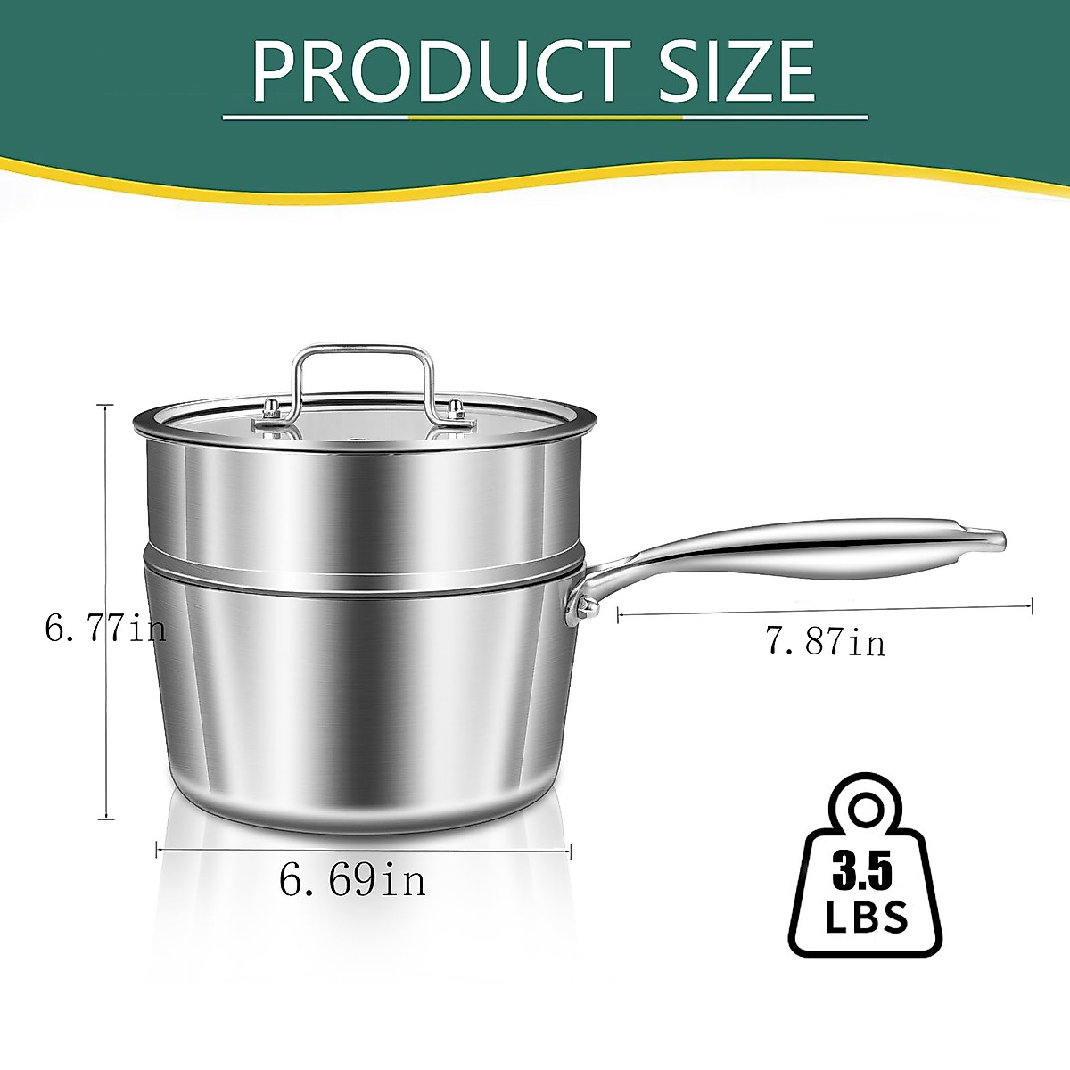 DELARLO Kitchen Tri-Ply Stainless 3-Quart Steamer Set With Glass Lid,with Ergonomic Handle, Multipurpose Sauce Pan, Sauce Pot，oven safe