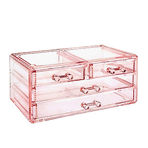 Ikee Design Pink Jewelry & Cosmetic Storage Display Boxes Two Pieces Set, Organizer Makeup Holder, for Vanity