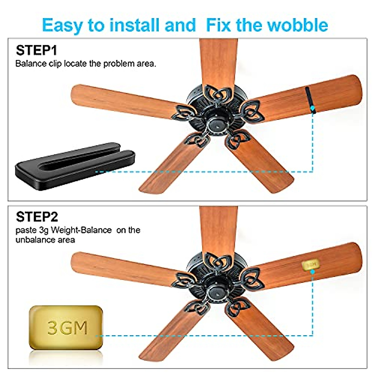 HFYHWT 12 PCS Ceiling Fan Blade Balancing Kit, 3 Sets Fan Balance Kit Including 3 Pcs Resilient Fan Balance Clips and 9 Pcs Metal Self-Adhesive 3G Weight, Practical Ceiling Fan Balancing Kit