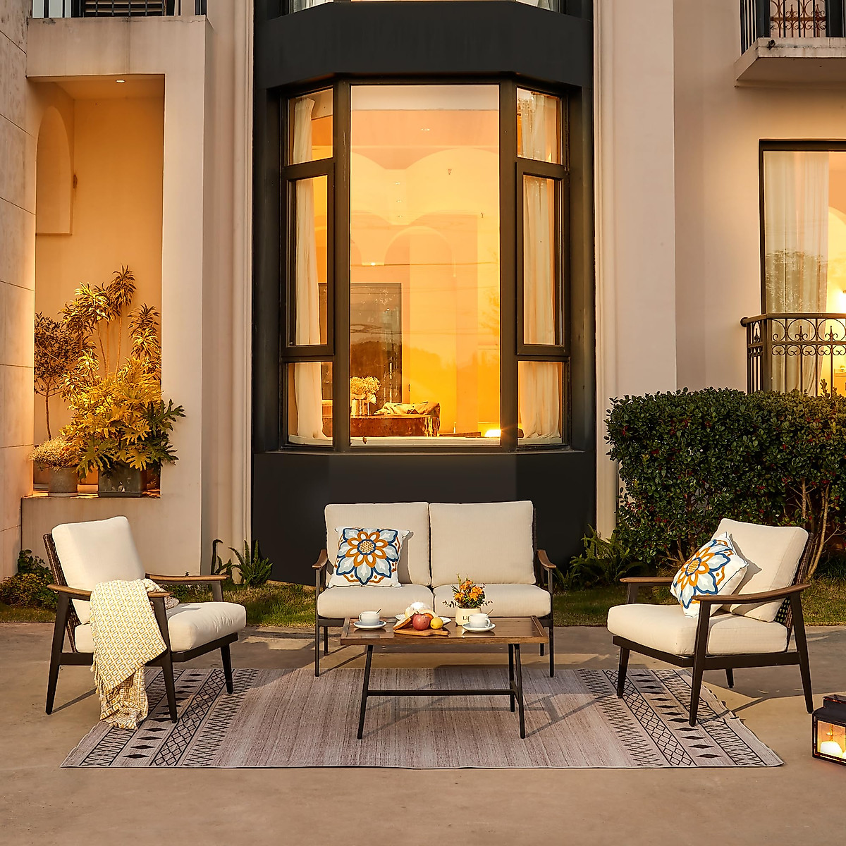 NATURAL EXPRESSIONS 4 Pieces Patio Furniture Set, Outdoor Furniture Sofa Sectional Modern Metal Patio Conversation Set with High Back Wicker Backrest & Loveseat for Balcony, Backyard, Deck, Porch