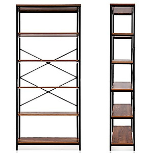Kemanner 5-Tier Industrial Style Bookcase, Vintage Free Standing Bookshelf, Rustic Wood Bookcases Furniture (Brown.)