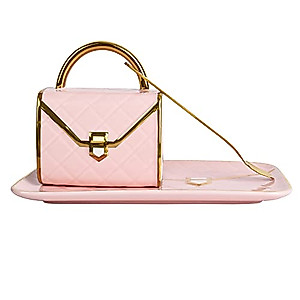 Koythin Ceramic Coffee Mug Saucer Set, Creative Cute Handbag Shaped Cup with Spoon and Saucer for Office and Home, 10 oz/300 ml for Tea Latte Milk (Peach Pink)