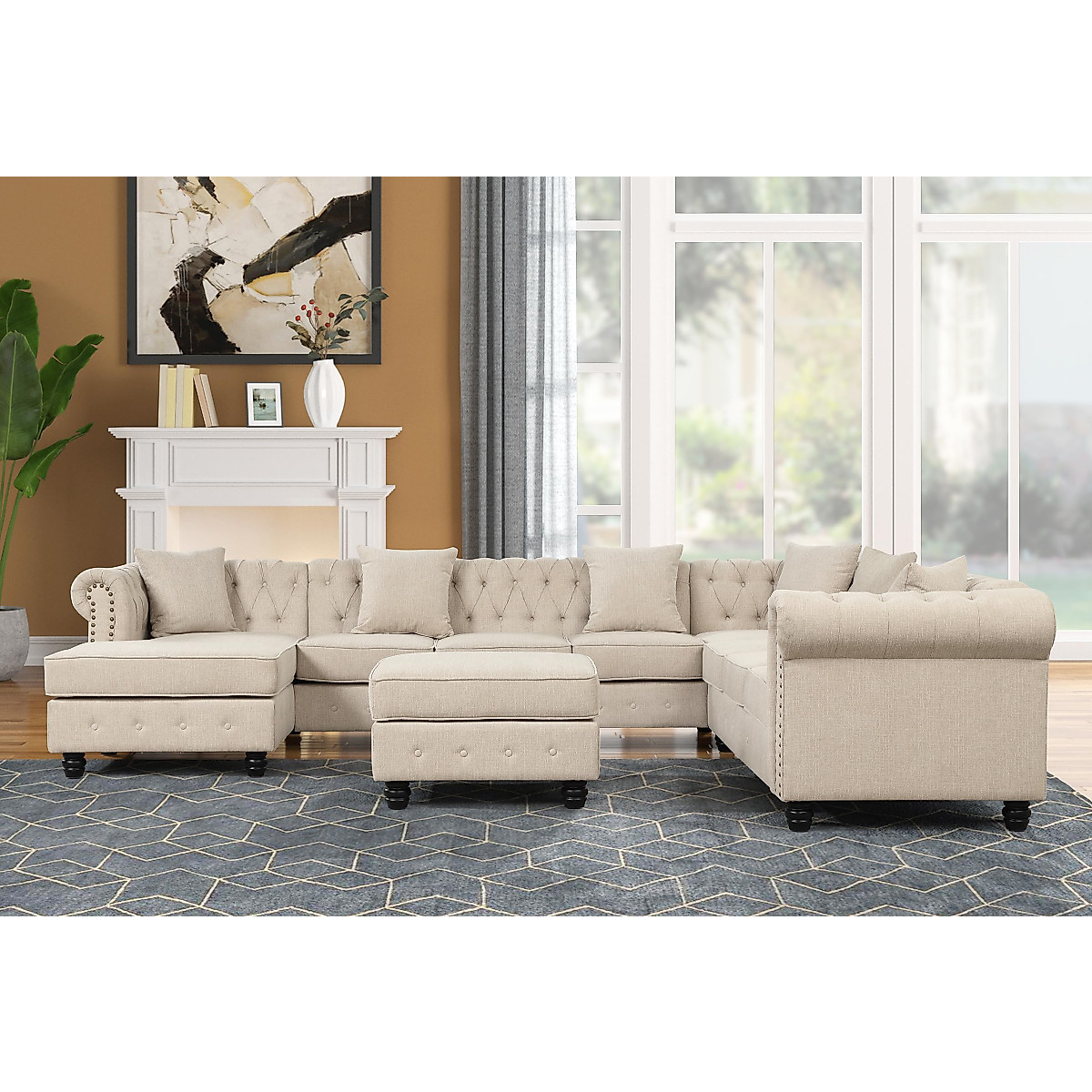 Morden Fort Chesterfield Modular Convertible Sectional U-Shape Polyester Fabric Sofa with Chaise Accent Tufted Couch for Living Room Furniture Set