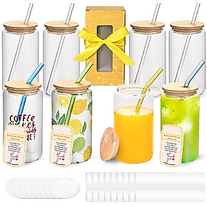 KIDJFGG Sublimation Glass Blanks With Bamboo Lid, 8pack 16OZ Clear Sublimation Beer Can Glass with Glass Straws Gift Box Mason Jar Cups Mug Travel Tumbler for Beer, Juice, Soda, Iced Coffee, Drinks