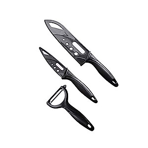 WOLFLAND 3 Pieces Kitchen Knife Set 3.5” Paring knife 7” Santoku Knife w/Protective Covers and Peeler Stainless Steel blade and Ergonomic Black Handle