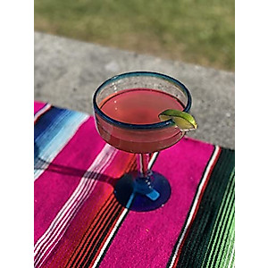 Mexican Hand Blown Glass – Set of 4 Hand Blown Margarita Glasses (16 oz) with Aqua Blue Rims