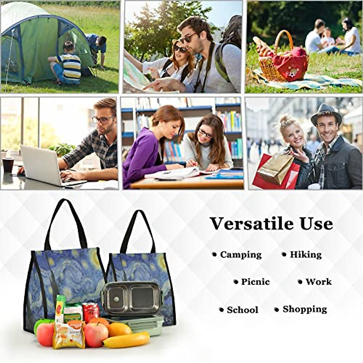 ALAZA Van Gogh Starry Night Insulated Lunch Bag for Women Men Adult Lightweight Reusable Lunch Tote Cooler Bag for School Office Travel Work Picnic M