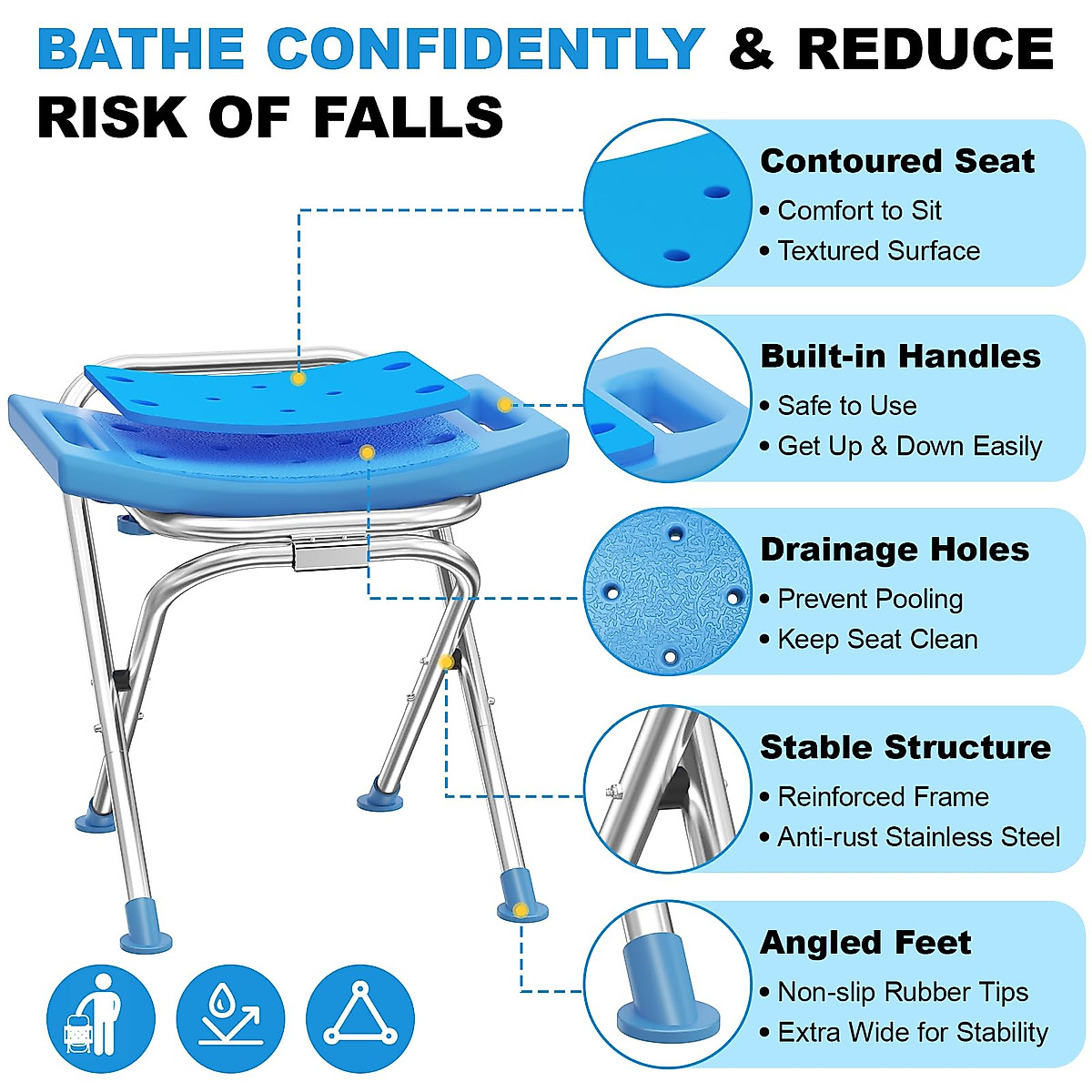 Medhelp Upgraded Folding Shower Chair, Stainless Steel Foldable Shower Seat for Inside Bathtub, Lightweight & Portable Travel Shower Stool, Anti-Slip Feet Bath Chairfor Elderly, Disabled, Injured