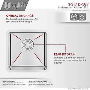 STYLISH 15 inch x 15 inch Stainless Steel Single Bowl Undermount 18 Gauge 10 Millimeters Radius Corners Kitchen Bar Sink with Bottom Grid and Luxury Basket Strainer, S-317G
