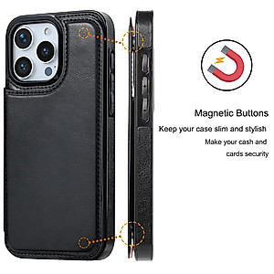 JOYAKI Wallet Case Compatible with iPhone 15 Pro Max(6.7"),Slim Protective case with Card Holder with 1 Screen Protective Glass,Premium PU Leather Kickstand Card Slots Case-Black