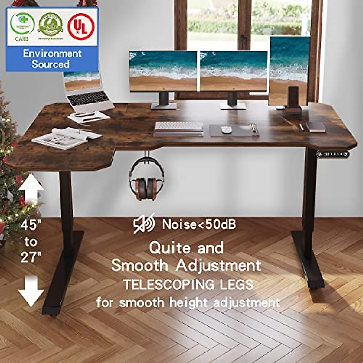 BUNOEM L-Shaped 59" Height Adjustable Electric Standing Desk, Sit and Stand Up Home Office Computer Desk with Splice Board (Rustic Brown Top, Black Frame)
