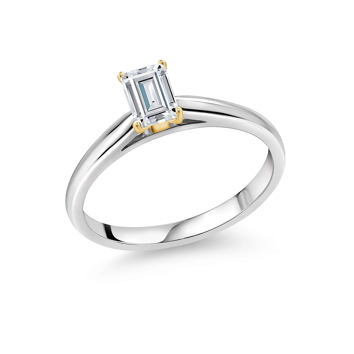 925 Sterling Silver and 10K Yellow Gold Forever Classic Moissanite from Charles & Colvard Women Solitaire Ring (0.58 Cttw, Emerald Cut 6X4MM, Available in size 5, 6, 7, 8, 9)