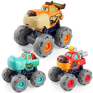 Coogam Friction Powered Cars 3PCS, Push and Go Construction Monster Vehicle Animal Trucks Toy Set, Gift for Birthday Baby Shower Xmas Year Old Toddler Girls Boys