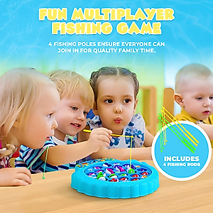IPIDIPI TOYS Fishing Game for Kids, Hook Fishing Game for Toddlers - 21 Fish, 4 Poles Fishing Toy - Rotating Fish Board Game with Music, Educational, Fine Motor Skill Toys for Boys and Girls, Blue