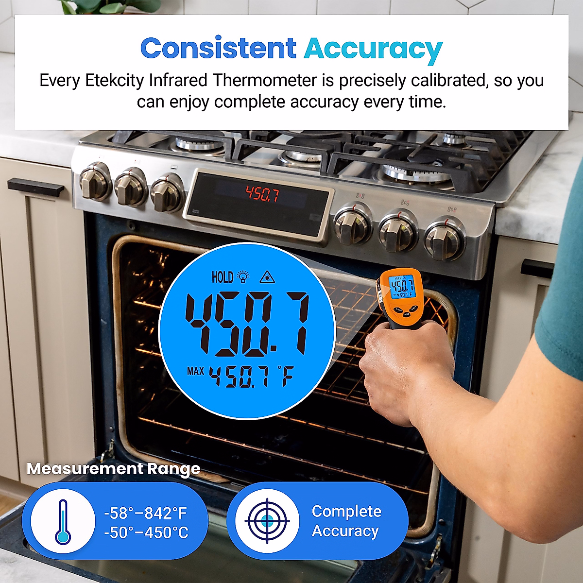 Etekcity Infrared Temperature Thermometer Gun, Laser Food Temp Gun for Pizza Oven, Griddle, Grill, Meat, Candy, Vehicle's Engine, Surface Temp Reader -58°F to 842°F, Orange