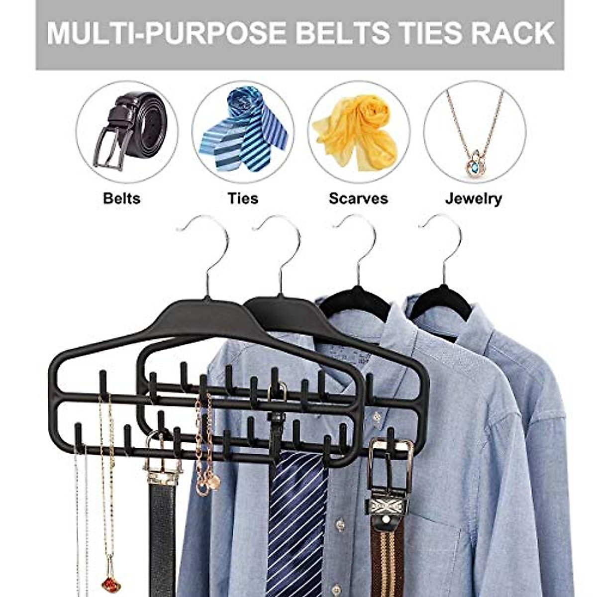 FairyHaus Belt Hanger Organizer 2 Pack, Non Slip Tie Rack Holder, Durable Hanging Closet Accessory Hooks for Belts, Ties, Jewelry, Scarves, Tank Tops, Black