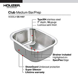 Houzer CS-1407-1 Club Series Undermount Medium Bowl Bar/Prep Sink