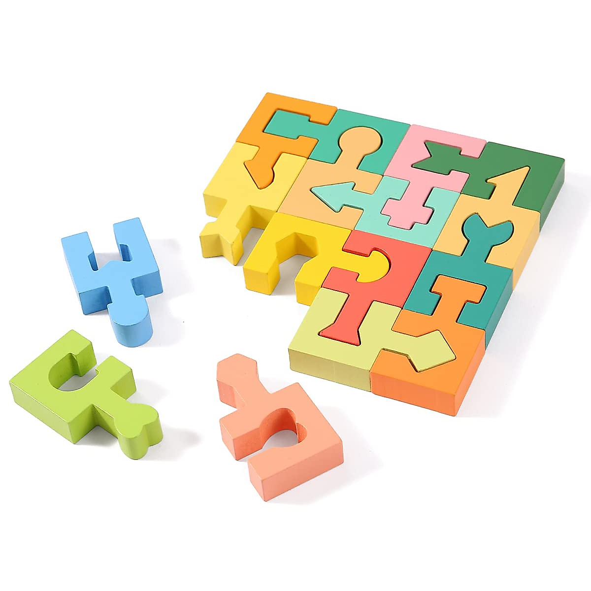 Wooden Shapes Puzzles Blocks Geometric Brain Teaser Montessori Toys Jigsaw 3D Logic IQ Game Shape Sorter Preschool STEM Educational Learning Gift for 3 4 5 6 Year Old Toddlers Kids Boys Girls