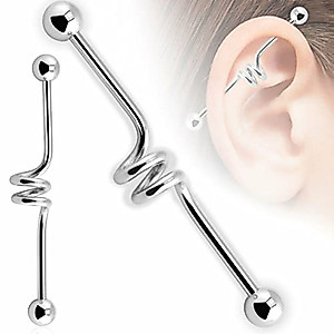 PAIR 14G 1.5 INDUSTRIAL SPIRAL BARBELL PIERCING BODY JEWELRY SURGICAL STEEL RING Style 88888-859