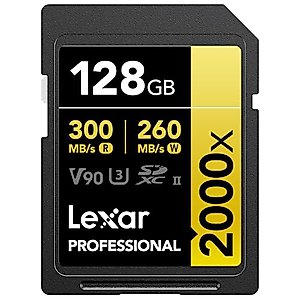 Lexar 128GB Professional 2000x SDXC Memory Card, UHS-II, C10, U3, V90, Full-HD & 8K Video, Up To 300MB/s Read, for DSLR, Cinema-Quality Video Cameras (LSD2000128G-BNNNU)