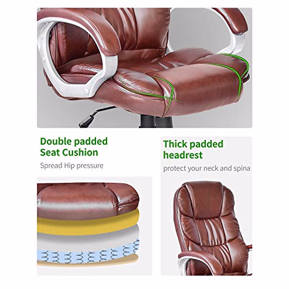 Office Chair Computer High Back Adjustable Ergonomic Desk Chair Executive PU Leather Swivel Task Chair with Armrests Lumbar Support (Brown)