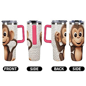 LLUTSNTH 40 Oz Vacuum Tumbler with Light Rose Red Handle Leakproof Insulated Tumbler Cute Monkey Stainless Steel Travel Mug with Lid And Straw Coffee Cup Cute Water Bottles Cup Holder Friendly