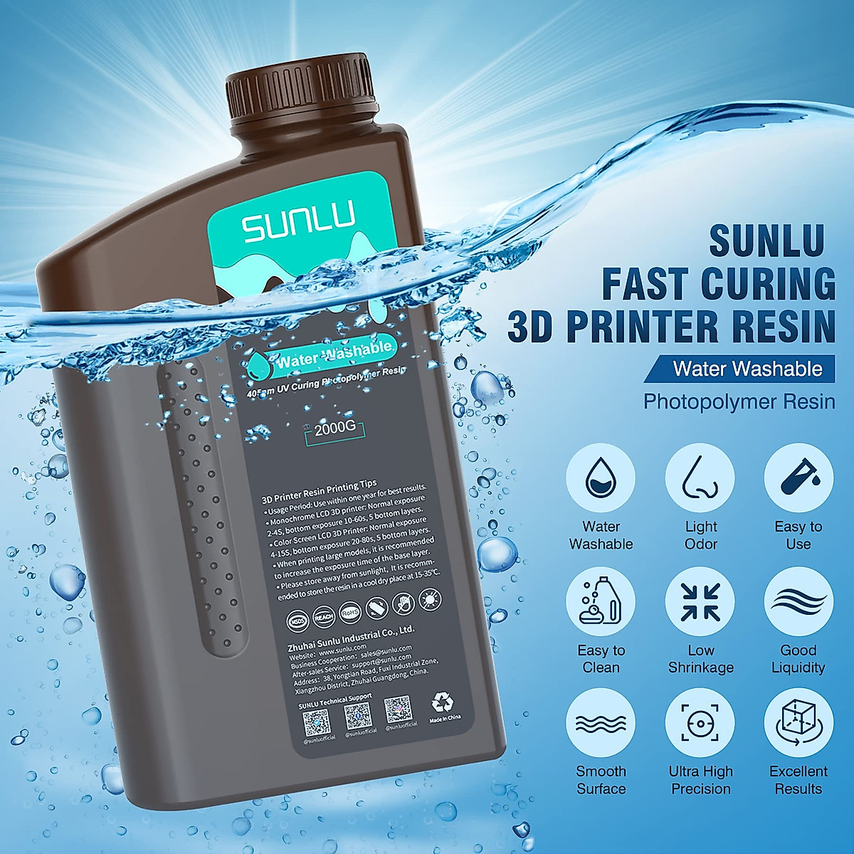 SUNLU Water Washable Resin 2000g, Fast Curing 3D Printer Resin for LCD DLP SLA Resin 3D Printers, 395 to 405nm UV Curing 3D Printing Liquid Photopolymer Resin, Low Shrinkage High Precision, 2kg, Grey