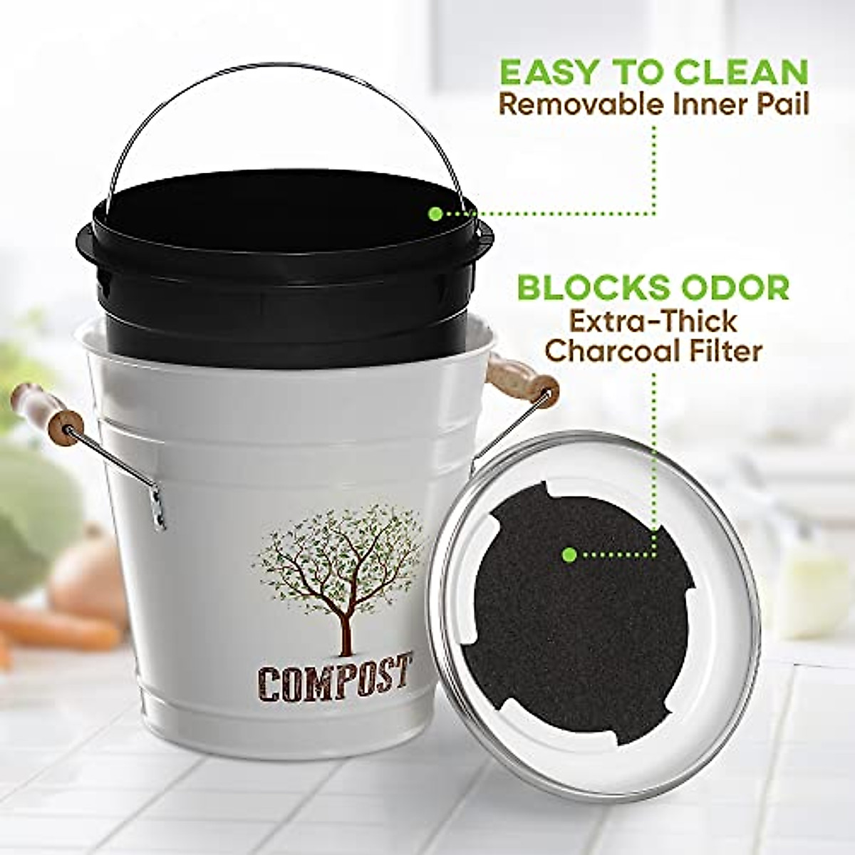 Third Rock - 1.3 Gallon Traditional Kitchen Compost Bin - White - with 3 Years Supply of Charcoal Filter Replacements
