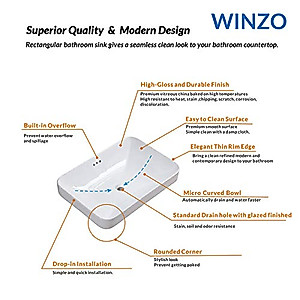 Winzo WZ6174 Rectangular Drop-in Bathroom Sink,Modern Design,Semi-recessed Vessel Basin With Overflow for Vanity Porcelain White