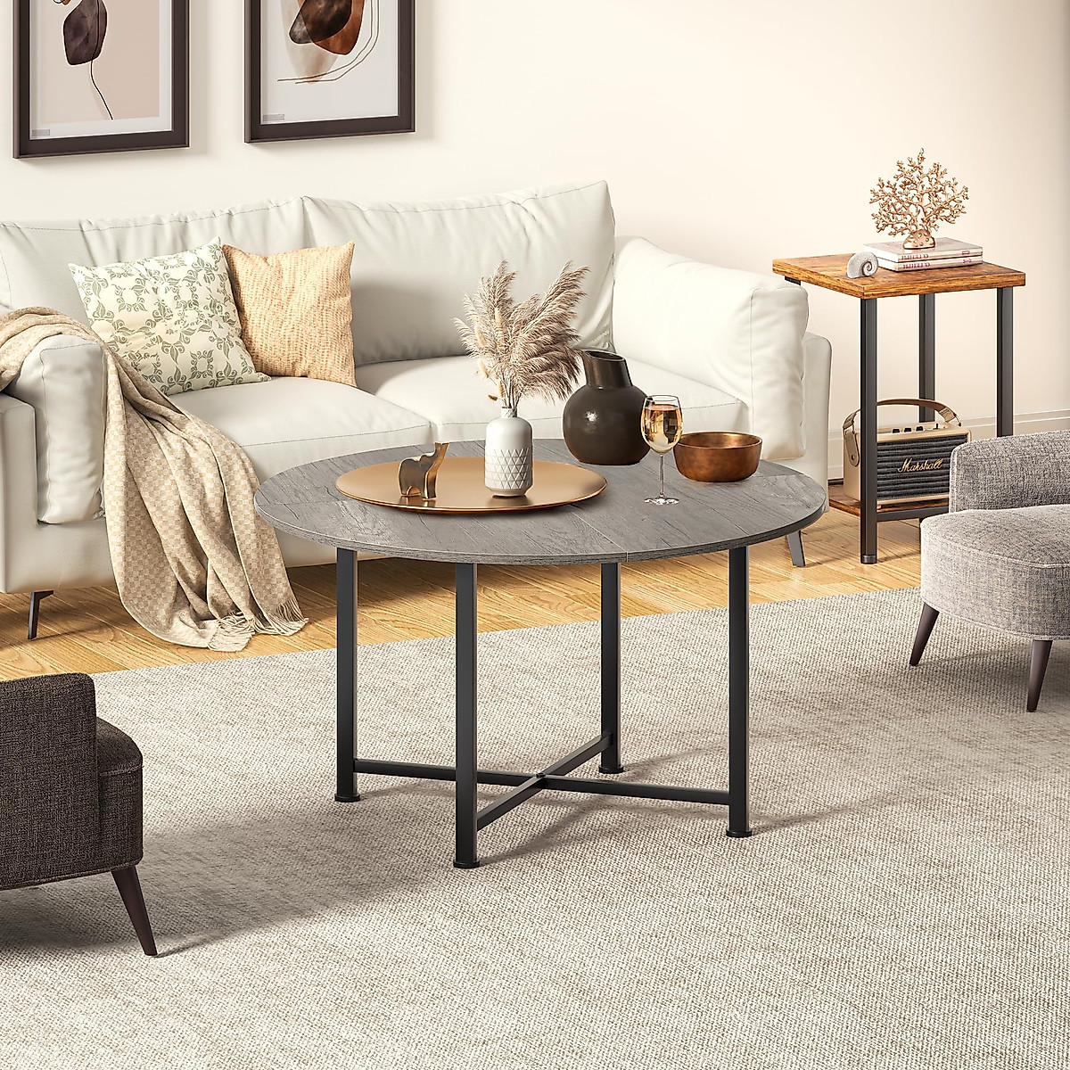 SENIG Round Coffee Table, 2-Tier Coffee Table with Storage Shelf for Living Room, Center Table for Small Spaces, White Oak