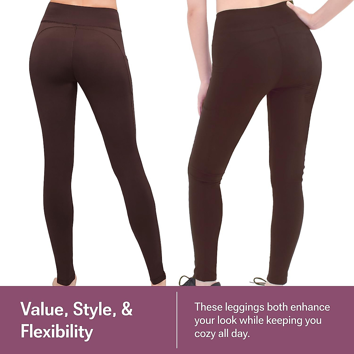 SATINA High Waisted Brown Leggings for Women - Soft, Stretchy Leggings with Side Pockets - Full Length Yoga Pants for Women - Tummy Control and Buttery Soft Fabric for All-Day Comfort - One Size