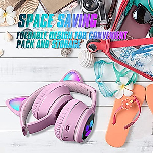 Mokata Gaming Bluetooth 5.0 Wireless Headphones Over Ear Cat LED Light Foldable Music Headset with AUX 3.5mm Microphone (Built-in) for Adult & Kids PC TV Game Music Pad Laptop Cellphone Pink