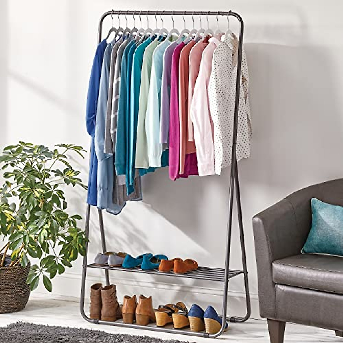 mDesign Garment Rack, Portable, Tall Vertical Storage Unit with Shelf - Sturdy Steel Frame, for Bedroom, Hallway, Entryway, Closets - Graphite Gray