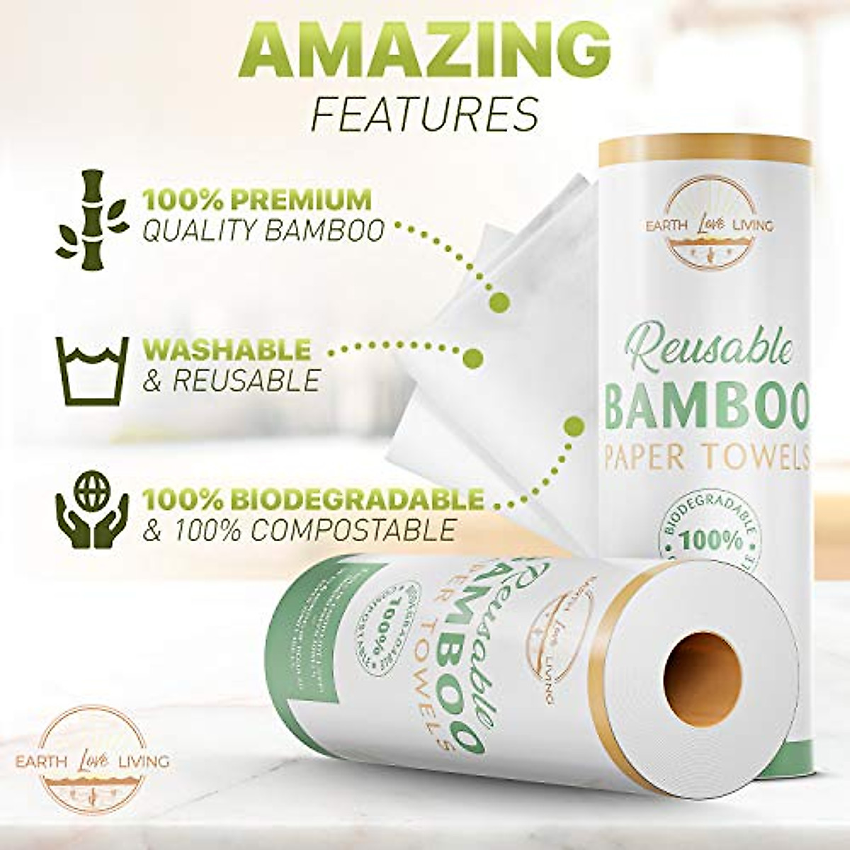 Bamboo Reusable Paper Towels | Heavy Duty 20 Sheets! | Hand Washable & Machine Washable | 100% Biodegradable & Eco-Friendly Towels | One Roll Replaces Up to 6 months of Regular Paper Towels!