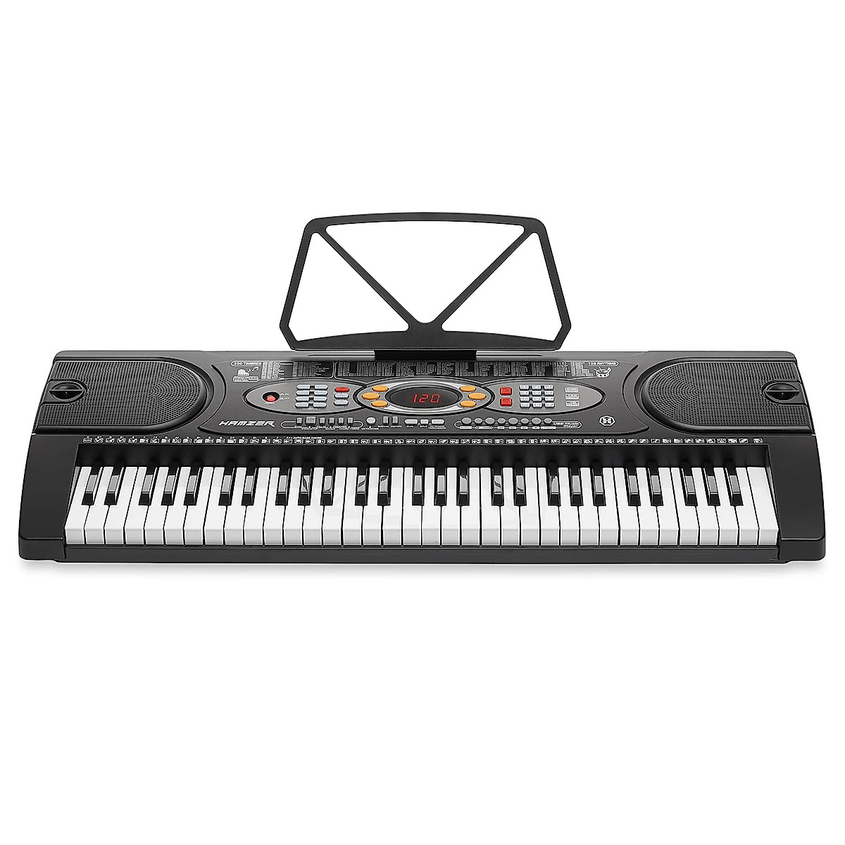 Hamzer 61-Key Electronic Keyboard Portable Digital Music Piano with H-Stand, Stool, Headphones, Microphone, & Sticker Set