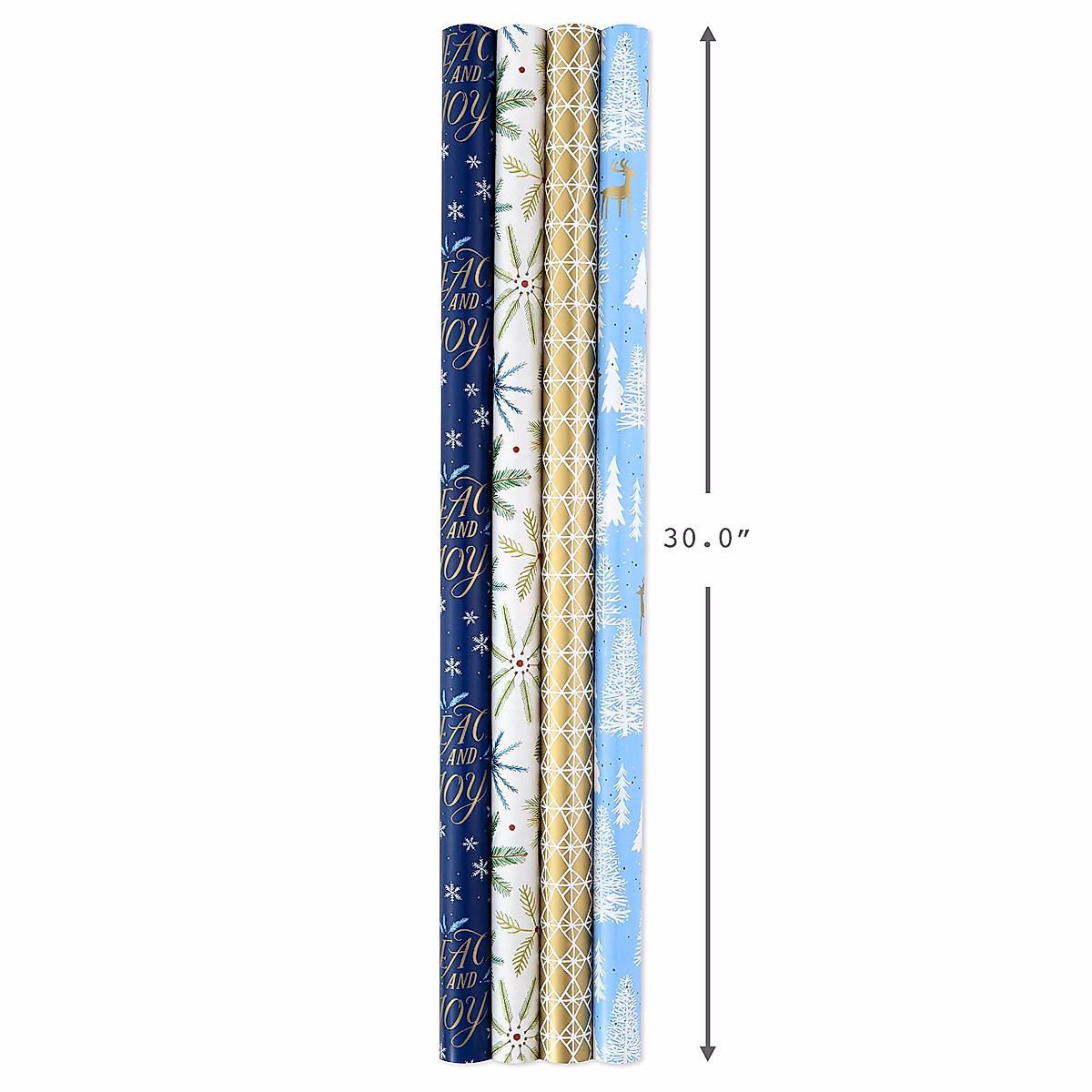 Hallmark Holiday Wrapping Paper Bundle with Cut Lines on Reverse, Quirky Christmas (Pack of 4, 120 sq. ft. ttl) Yeti, Santa, Penguin, Snowflakes, Blue, Gold