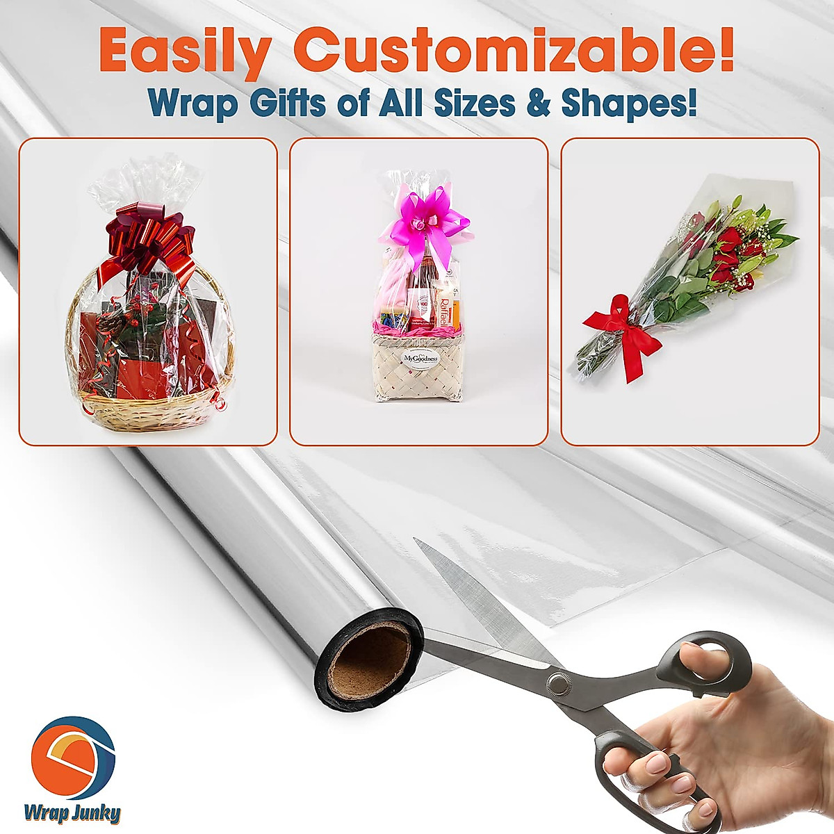 Wrap Junky Premium 3mm Thick Clear Cellophane Wrap Roll | 31.5” x 100 ft (Unfolded) Folded to 15.7” | Cellophane Wrap for Gift Baskets | Durable & Tear-Resistant | Clear Wrapping Paper for Food, Flower & Craft