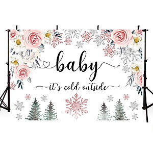 AIBIIN 7x5ft Baby It's Cold Outside Backdrop Christmas Winter Baby Shower Decorations for Girl Pink Flowers Silver Snowflakes Photography Background Banner Photo Props