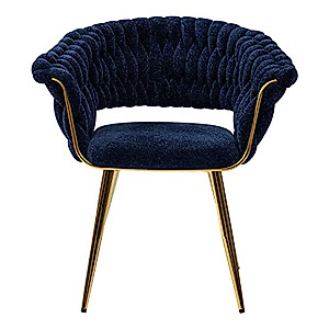 Modern Dining Chairs Chenille Upholstered Dining Chairs with Arms, Knot Woven Living Room Accent Chairs with Gold Metal Legs, Mid-Century Makeup Vanity Chair for Dining Room, Kitchen Bedroom (Blue)